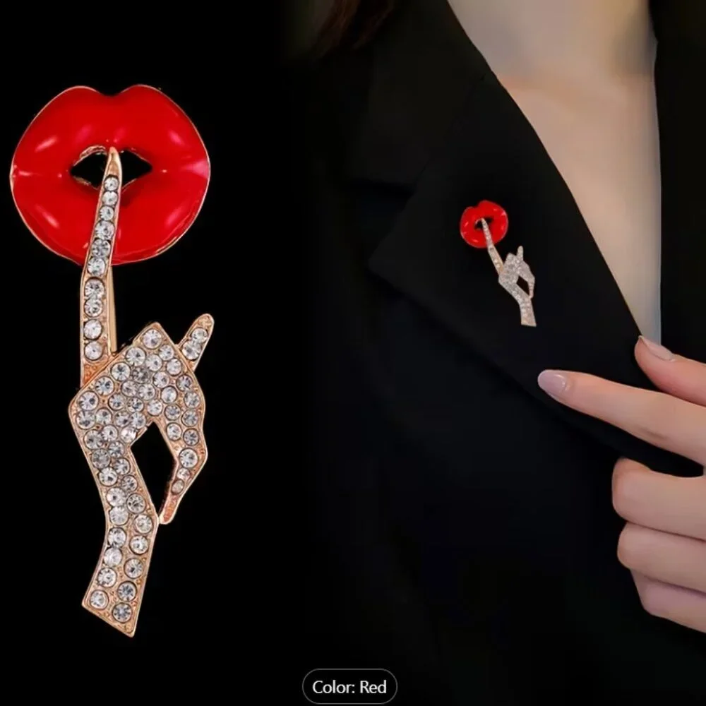 Jewelry | Secret Pose Shush Enamel Red Lip Rhinestone Crystal Fashion ...